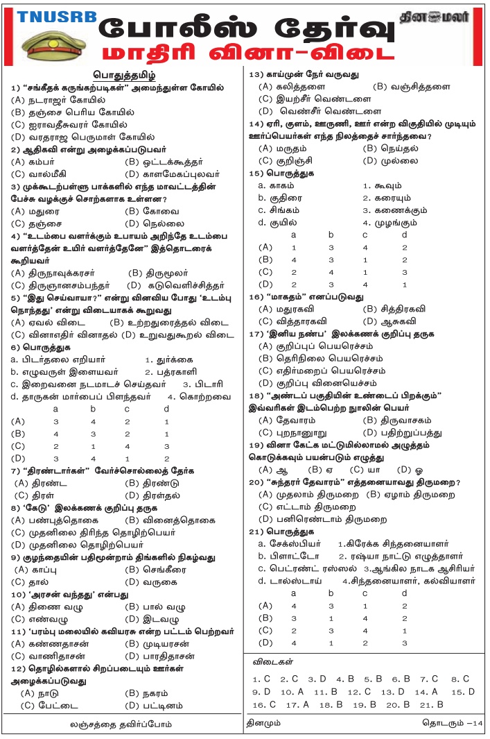 TNUSRB Police Model Question Papers - Jan 14 2018 - Athiyaman team